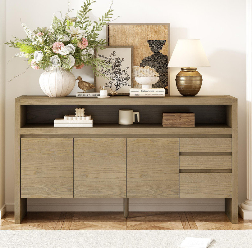 Latitude Run® 60" 3-Door Sideboard with 3 Drawers - Modern Solid Ash Veneer MDF Sideboard, Semi ...